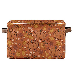 xigua Flowers Autumn Leaves and Pumpkins Foldable Canvas Storage Bin, Sturdy Fabric Storage Basket with Handles, Storage Cube Box for Organizing Shelf Nursery Toy Closet 2PCS