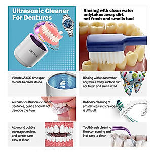 Rechargeable Dentures Cleaning Machine, Ultrasonic Cleaner for Dentures, Retainer, Aligner, Mouth Guard, Braces, Jewelry, Whitening Trays, 45kHz Portable Ultrasonic Retainer Cleaner