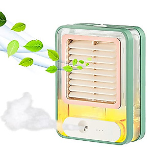 Small Desk Fan with Mist Spray,LED Night Light,Electric Battery Operated Water Misting Fan,USB Rechargeable Portable Quiet Mini Desktop Table Cooling Fan for Office,Camping,Indoor,Outdoor (Green)