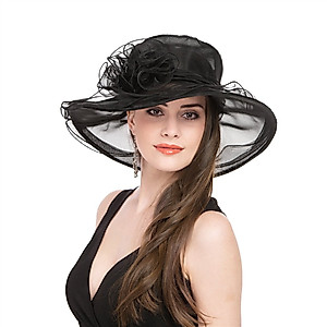 Lucky Leaf Women Church Cap Wide Brim Summer Sun Hat for Party Wedding(Hat-New Black)