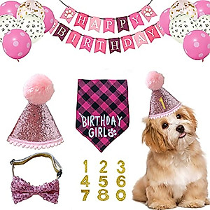 Dog Birthday Party Supplies, Dog Birthday Party Decoration Set, Dog Cute Hat Triangle Scarf Bow Dog Head Banner and Cute Balloon, Used for Dog Birthday Party Decoration (Pink)