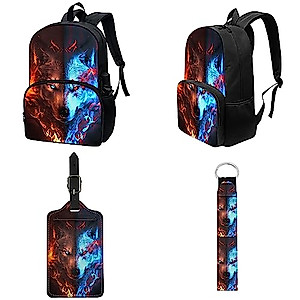 DMOYALA Fire Wolf Backpack for Boys Girls Japanese Style Travel Backpack Lightweight Large Work Backpack for Men Canvas Work Bag for Girls Back To School Supplies Key Chains for Car Keys