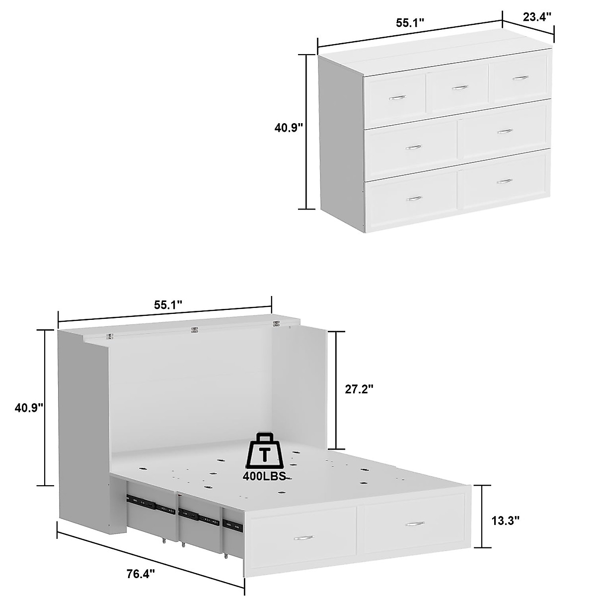 ECACAD Multi-Functional Night & Day Furniture Murphy Cabinet Bed, Full Size Bed Frame Murphy Bed Chest with Built-in Power Strip & 3 Drawers, Full Foldable Platform Bed, White