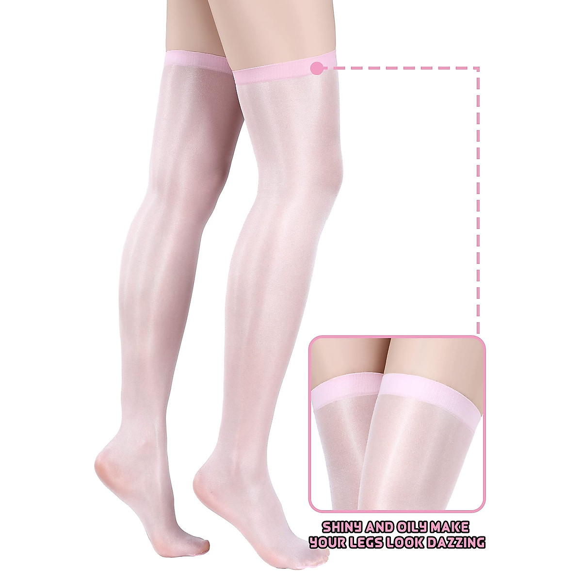 Geyoga 4 Pairs Shiny Thigh High Stockings Halloween Cosplay Sock Shimmery Silk Stockings Sheer Over the Knee Socks for Women (Black, Beige, White, Pink)