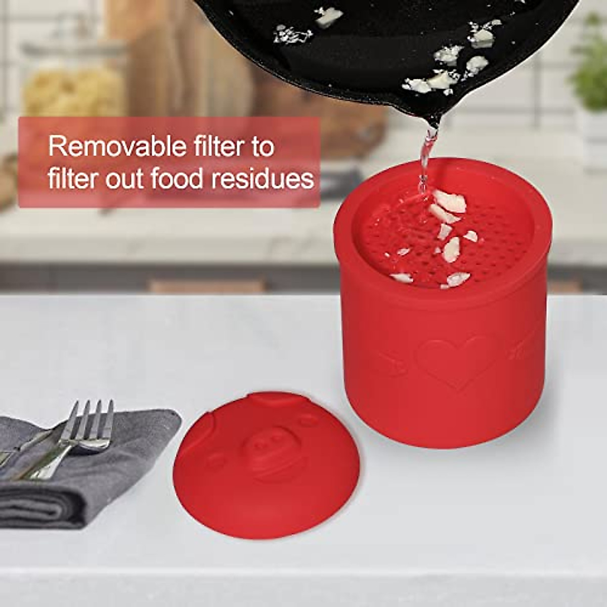 Kamehame Bacon Grease Container, Silicone Grease Keeper with Strainer, Grease Catcher for Storage of Frying Oils and Cooking Fats