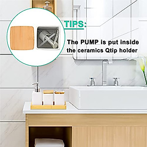 VITVITI Bamboo Bathroom Accessories, White Bathroom Organizer Countertop, Soap Dispenser and Toothbrush Holder Set, Vanity Tray for Bathroom, 4 Pieces Ceramics Decor