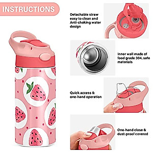 Children Insulated Water Bottles with Straw for School Kids Strawberry Pink Cute Stainless Steel Vacuum Double Wall Keeps Hot and Cold with Handles