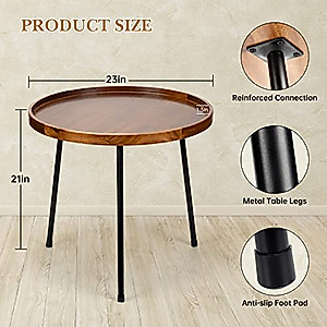 Yoimori End Table, 23 inch Wooden Round Coffee Table Nightstand with Tray and Metal Stand, Accent Table Ideal for Living Room Bedroom Office Small Spaces Indoor Outdoor