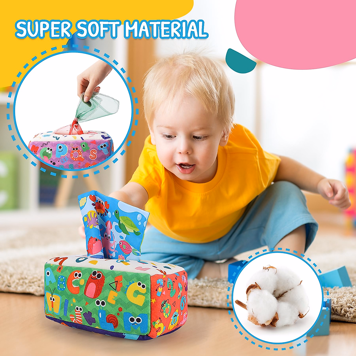 URMYWO Baby Tissue Box Toy - Montessori Baby Toys for 6-12 Months 1 Year Old Boy Girl - Soft Crinkle Sensory Toys for Infant Toddlers - Easter Basket Essentials Stuffers - Baby Boy Girl Gifts