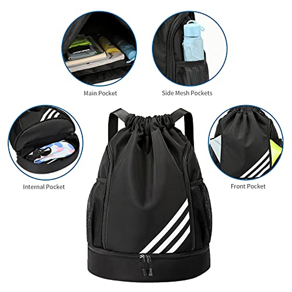 Oziral Drawstring Backpack Water Resistant String Bag Gym Sports with Shoe Compartment Side Mesh Pockets for Women Men (Black)