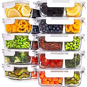 PrepNaturals Glass Meal Prep Containers Glass Food Storage Containers with Lids - 2 Compartment Glass Lunch Containers (10 Pack) Glass Storage Containers with Lids Glass Containers for Food Storage