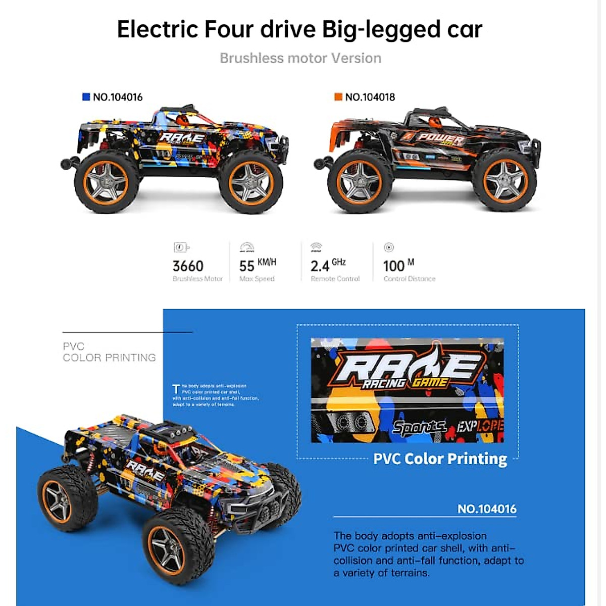 WLtoys 104018 1:10 2.4G Racing Remote Control Car 55KM/H 4WD Large Alloy Electric Remote Control Crawler Children's Toy (104018 1 * 2200mAh)