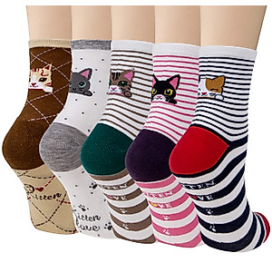 Cute Socks Womens Dog Cat Novelty Animal Socks for girl Cartoon Cotton Casual Crew Funny Socks 5 Pairs, E Cat style 1