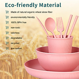 Straw Dinnerware Set - 54 Pcs Unbreakable Dish Set, Reusable Straw Plates and Bowls Sets Outdoor Camping Dishes Service for 6, Microwave and Dishwasher Safe (Multicolor)