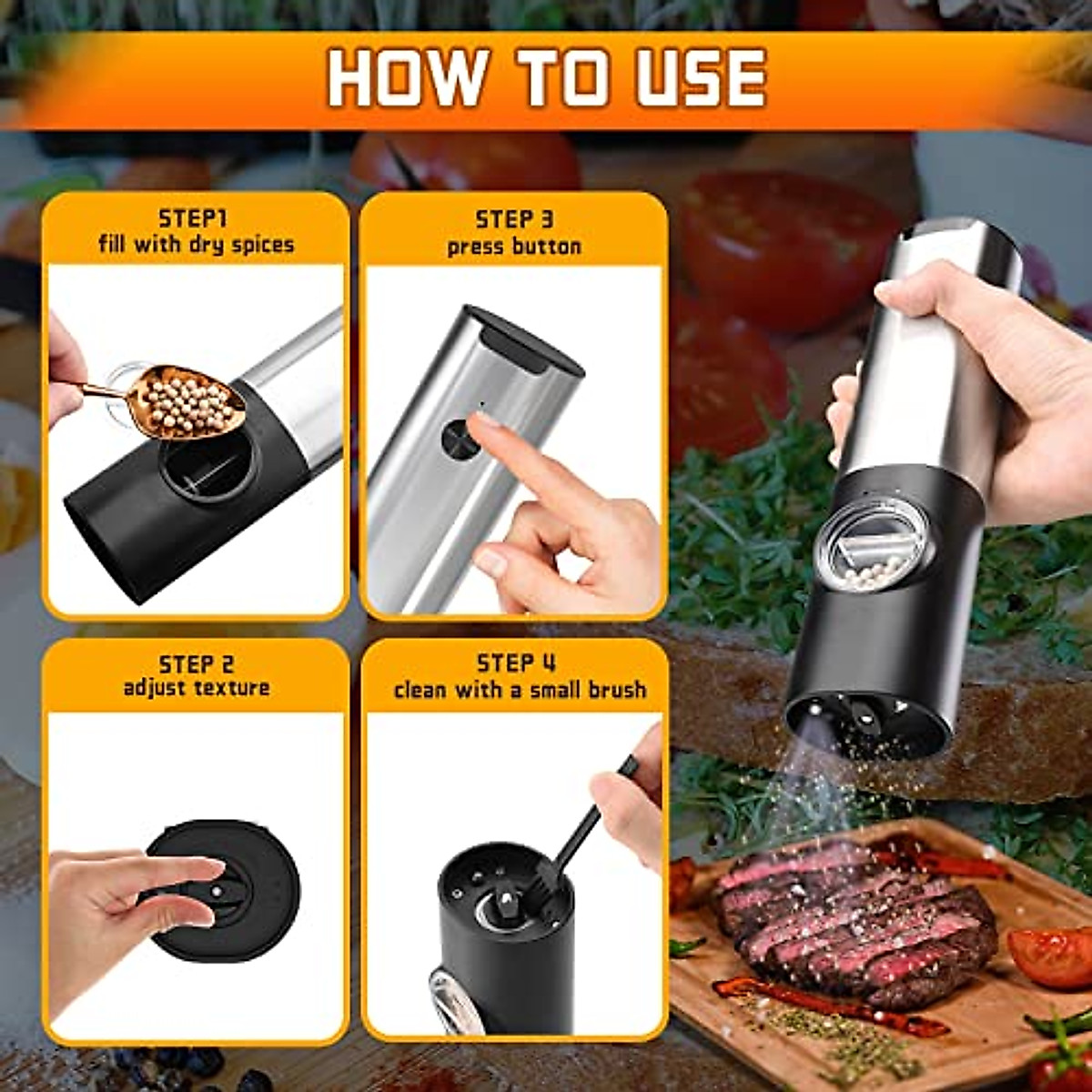 Salt and Pepper Grinder Set, Rechargeable Pepper Grinder Automatic Pepper Grinder Adjustable Coarseness with Charging Base LED Light, 2 Pack