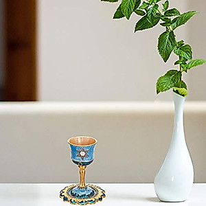 Matashi Hand-Painted Enamel Tall 5" Kiddush Cup Set with Stem and Tray Embellished with Crystals and Star of David Design for Weddings Shabbat Havdalah Passover Goblet Judaica Gift Blessings Cup