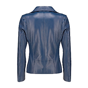 Jild Women's Asymmetrical Zip-Up Real Lambskin Leather Motorcycle Jacket - Casual Fashion Moto Biker Leather Jacket Women (BW-Blu-L)