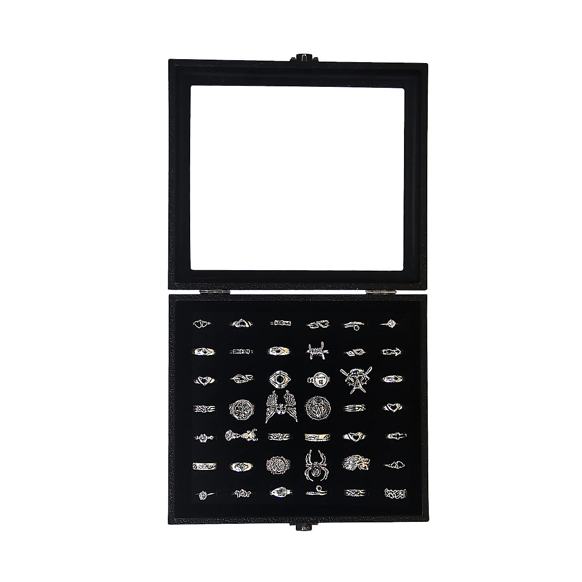 Pangkeep 42 Slots Ring Organizer Display Case,Black Jewelry Storage Tray Boxes for Multiple Rings,Glass Lid,Stackable.