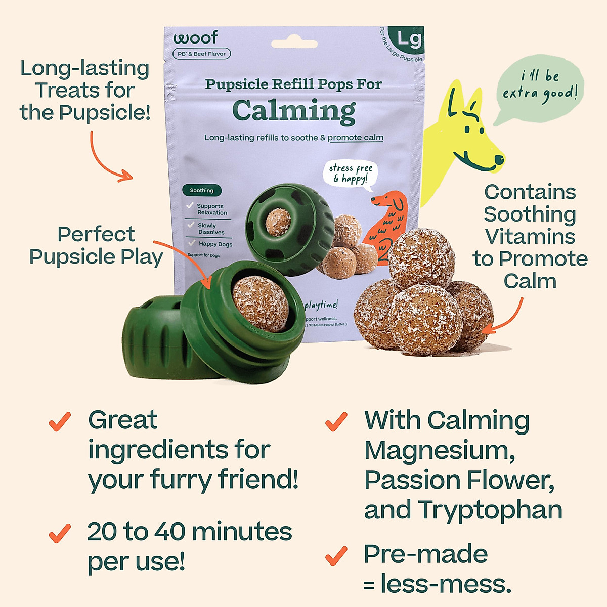 WOOF Pupsicle Refill Pops for Calming - Calming Dog Treats - Long-Lasting Refills for The Pupsicle Toy to Promote Calm - Magnesium for Dogs- Large Pops - 7 Count