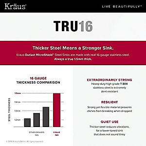 Kraus KBU14E Outlast MicroShield Scratch-Resist Stainless Steel Undermount Single Bowl Sink, 31.5" 16 Gauge, Premier Series