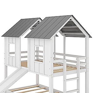 DEYOBED Twin Over Twin House Bunk Bed with Slide and Windows, Wood Low Bunk Beds Frame with Guardrails for Kids Teen, Girls, Boys, White