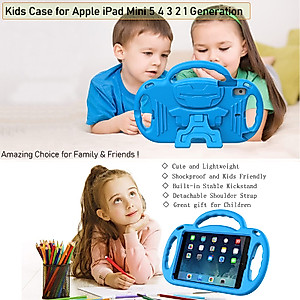 LTROP Kids Case for iPad Mini 5/4/3/2/1, iPad Mini 7.9 Inch Case with Shoulder Strap, Shockproof Handle Kickstand Case for iPad Mini 5th/4th/3rd/2nd/1st Generation for Kids Toddler Boys Girls, Blue