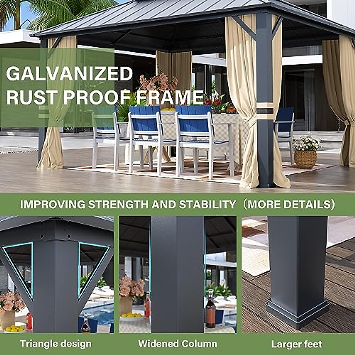 10' x 20' Hardtop Gazebo,Outdoor Galvanized Steel Metal Double Roof Gazebo with Curtains and Netting for Patios,Gardens,Lawns,Khaki