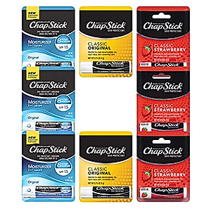 Chapstick Variety Pack Classic Original, SPF 15, & Strawberry Lip Balm Sticks Bulk, 0.15 Oz (8 Count) - Chap Stick Skin Protectant Moisturizer Tubes, Stocking Stuffers - By Dr. Plenty