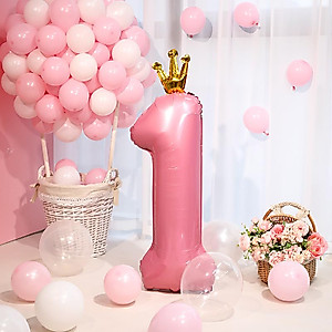 40 Inch Crown Pink Number 1 Balloon, Big Conjoined Baby Pink Foil Mylar Helium 1 Balloon | Girls 1st Birthday Balloon Pink Princess Theme Baby Shower First Birthday Party Decorations Supplies