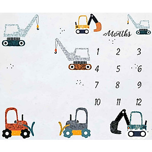 EARVO Baby Monthly Milestone Blanket Boy or Girl Construction Truck Baby Month Blanket with Wreath Frame Cartoon Truck Milestone Blanket for Newborn to 12 Months Milestones 47”x40”BTZDEA8