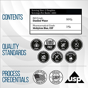 Methylene Blue Pharmaceutical Grade for Humans Premium Supplement- 2oz 1% Methylene Solution +99.9% Purity w/UV Protected Glass Dropper Bottle