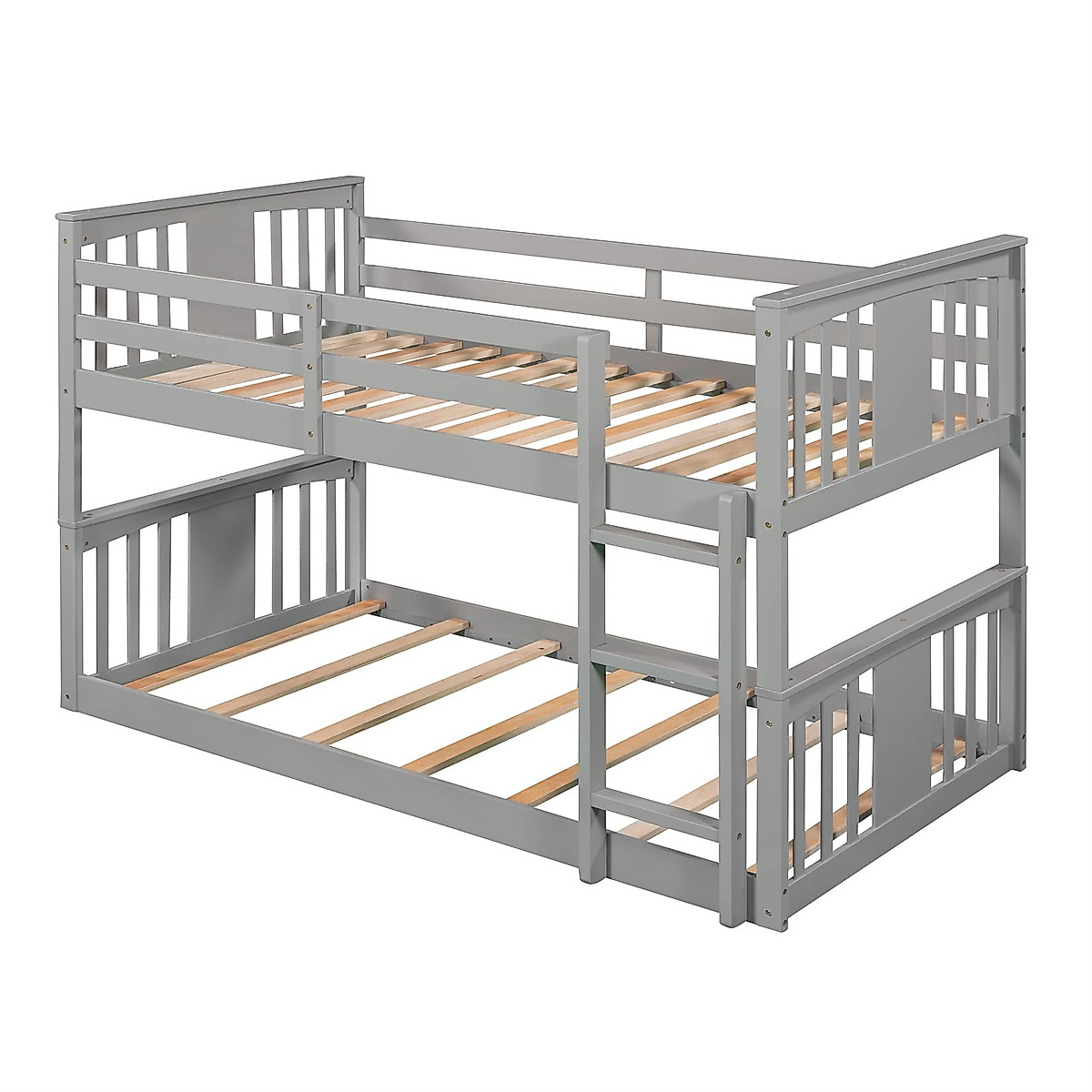 Twin Bunk Beds Low Bunk Bed Frame Wood Twin Over Twin Bunkbed for Kids Toddlers Boys Girls Bedroom, Gray