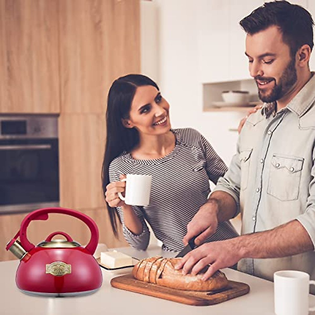 Whistling Tea Kettle Stainless Steel Teapot, Teakettle for Stovetop Induction Stove Top, Fast Boiling Heat Water Tea Pot 2.5 Quart(Red)