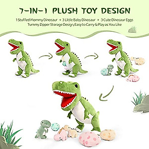 MorisMos Dinosaur Stuffed Animal with Babies,23.6'' Big T-Rex Mommy Stuffed Dinosaur with 3 Baby Dinosaur Plush Toys, 3 Dinos Eggs,Boy Girl Dinosaur Toys for Kid Birthday Christmas,Green T-rex Toys