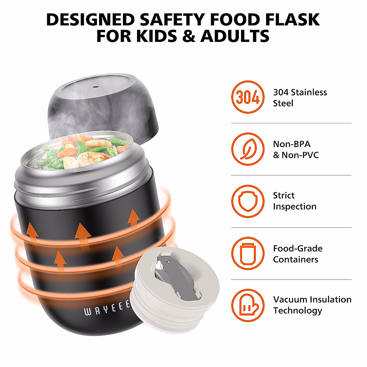 WayEee Food Containers for Hot Food Insulated Food Jar, Vacuum Bento Box Lunch Containers 16 oz for Kids Adults, Airtight Stainless Steel Soup Containers with Spoon, for School, Travel, Picnic - Black