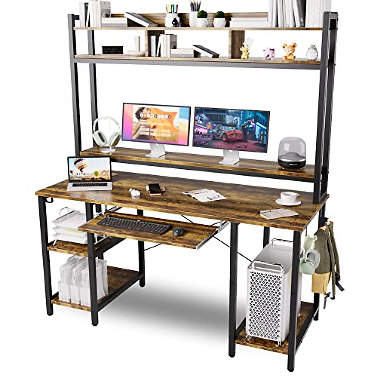 Computer Desk with Hutch Bookshelves, Storage Shelves, Keyboard Tray, Home Office Study Work Desk 53 inch Width, 70 inch High
