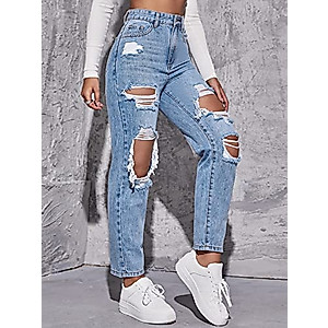 MakeMeChic Women's High Waist Straight Leg Ripped Jeans Distressed Denim Pants Light Wash2 M