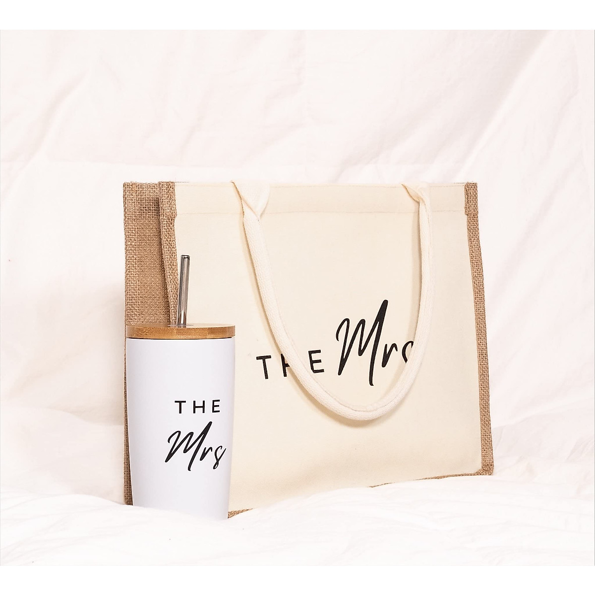 BACHES TO BRIDES The Mrs Tumbler & Tote Bag Gift Set- Stainless Steel Wine Tumbler with Lid & Straw- Travel Mug & Tote Bag for Women Perfect for Bride Gifts, Wedding & Engagements