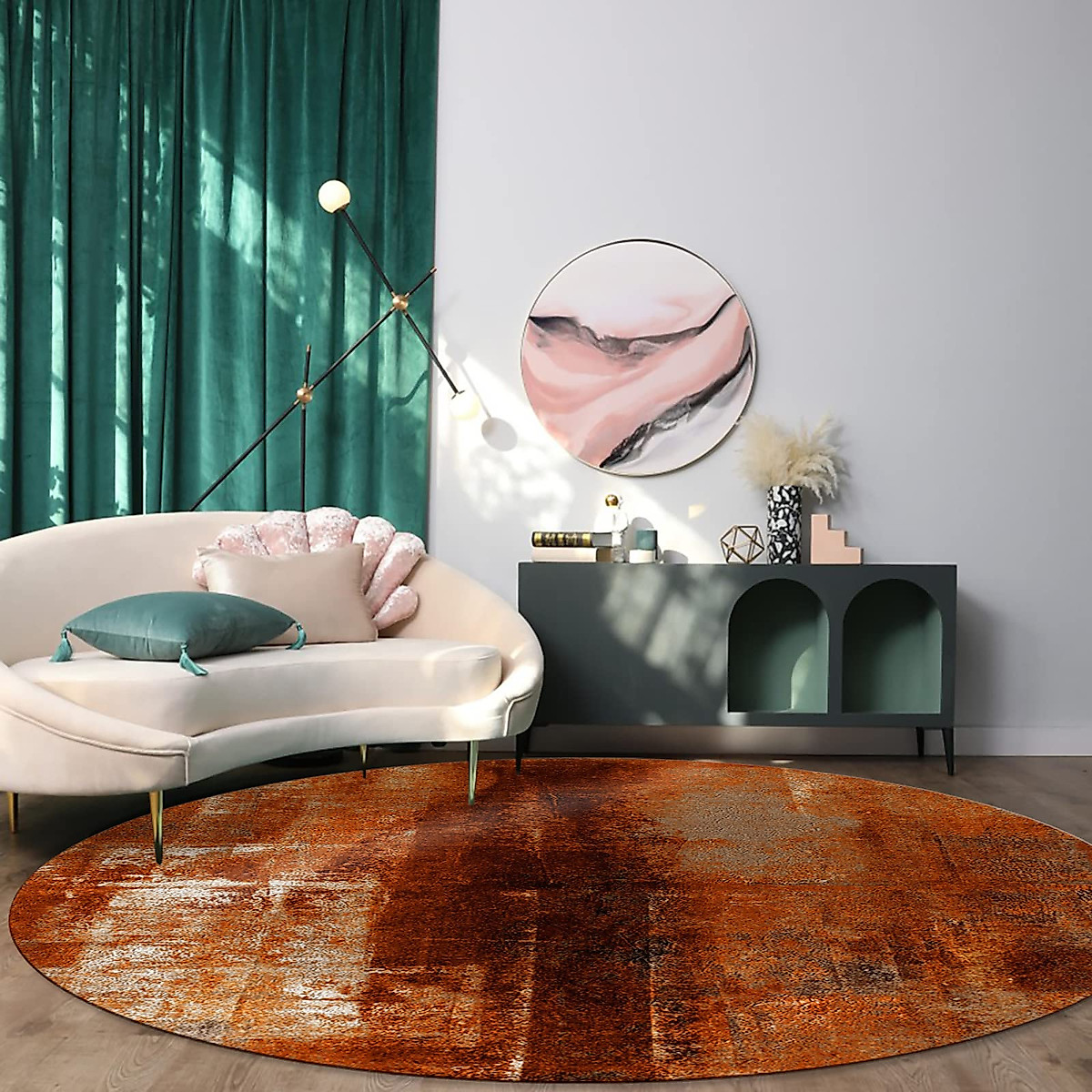 Round Area Rugs Collection 4 Ft, Burnt Orange Non-Slip Residential Carpet, Modern Abstract Geometric Art Oil Painted Indoor Crawling Mats Runner Rugs for Living Room/Dining Room/Bedroom