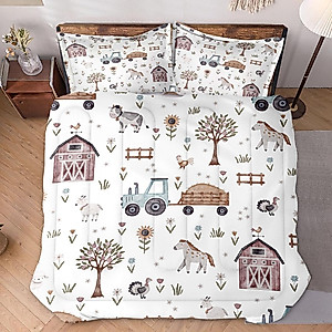 WeCozy Twin Size Comforter Set with Pillowcase, Farm Animal Tractor House Tree Soft 2 Pcs Bedding Set for Kids and Adults Bedroom Bed Decor