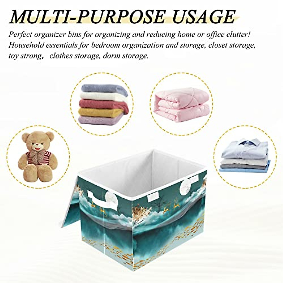 RunningBear 3d Illustration Deer Forest Large Storage Bins with Lid Collapsible Storage Bin Cubes Boxes Cute Bin for Home Office