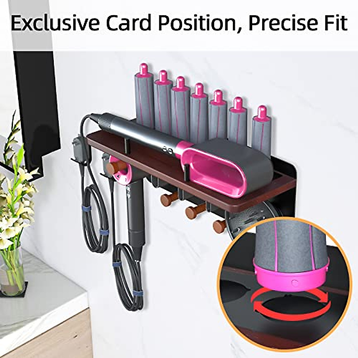 FLE Storage Holder Organizer for Dyson Airwrap Curling Iron Accessories Wall Mounted, Wood Metal Organizor for Airwrap Styler and Attachments Black