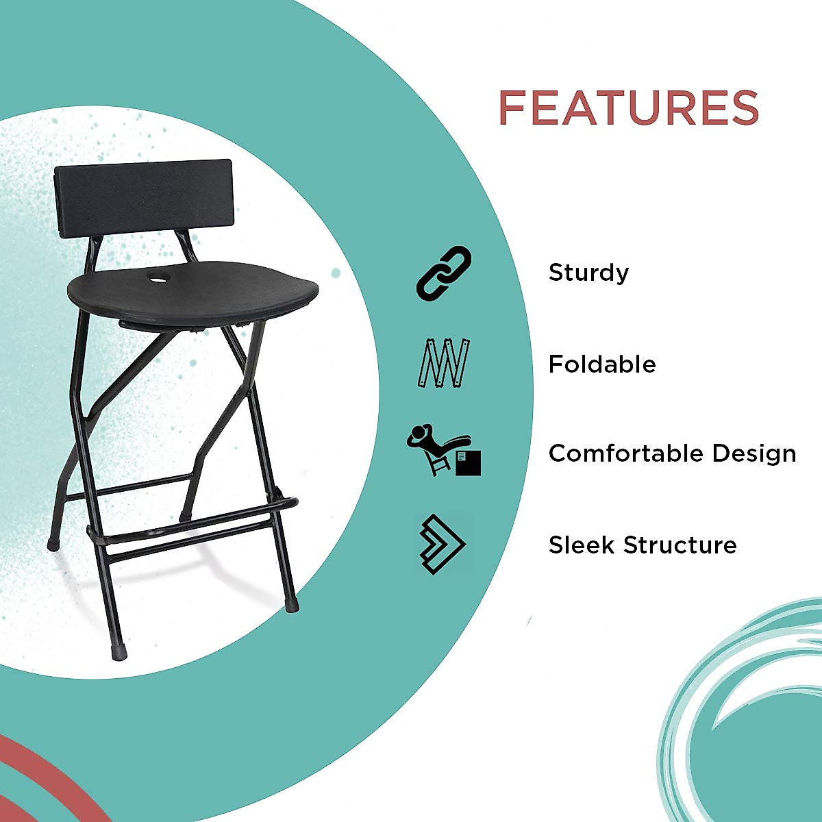 EventStable TitanPRO Folding Bar Stool with Backrest - Black Metal Frame Stool with Back Support - Durable and Sturdy Folding Stool for Outdoor Kitchen Shop Cafe - 2 Pack