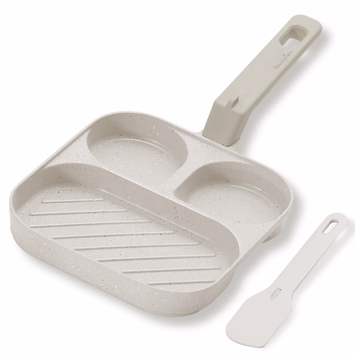 Taste plus Egg Pan Omelette Pan, Egg Frying Pan 3 Section, Nonstick Frying Pan for Breakfast, Compatible with Gas Stove & Induction Cookware, Light Grey