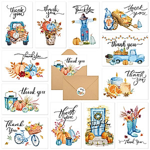 Piklodo 48 Set Fall Thanksgiving Cards with Envelopes and Stickers Watercolor Blue Thank You Cards Pumpkin Note Cards Autumn Greeting Cards Blank Cards for Birthday Wedding Bridal Shower Baby Shower