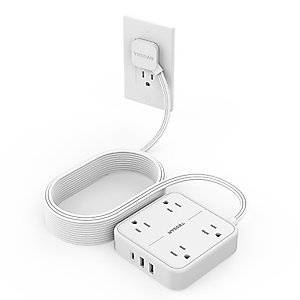Long Flat Extension Cord 15 ft, TESSAN Surge Protector Power Strip 15 Feet with 4 Outlets 3 USB Ports (1 USB C), 3 Prong Flat Plug Charging Station with Surge Protection, Wall Mount Indoor Essentials