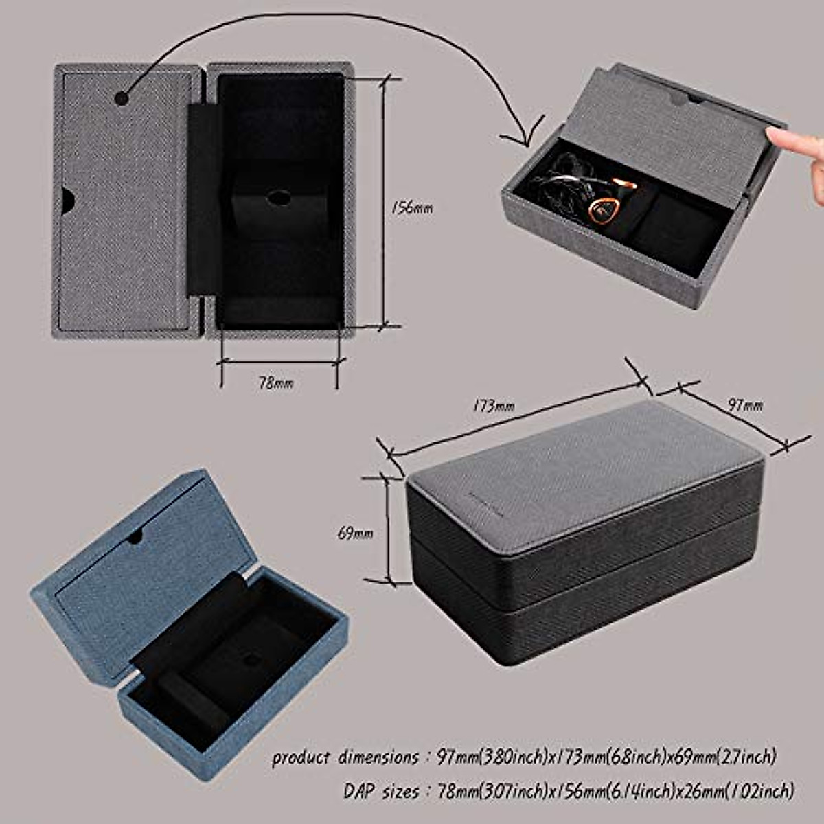 Miter Carrying case for DAP + Earphone , Handmade Italy PU Leather Hard Standing case for 2 IEM Earphones + 1 Digital Audio Player Storage Carry Cover Box (Large Size-Indigo Blue)