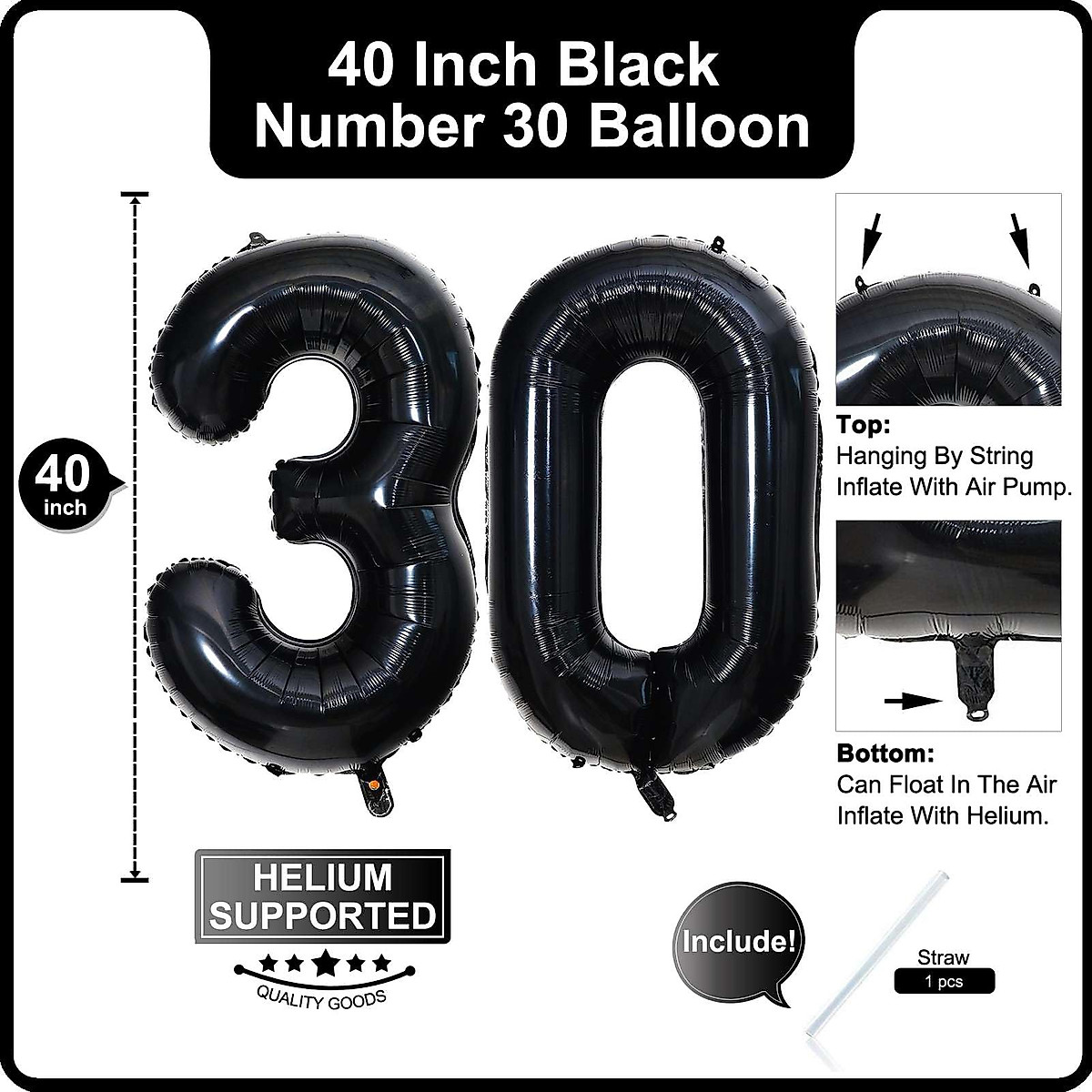 Lovoir 40 Inch Black Number Balloon 30 Large Size Jumbo Digit Mylar Foil Helium Black Balloons for 30th Birthday Party Celebration Decorations Graduations Anniversary Supplies Excellent Quality