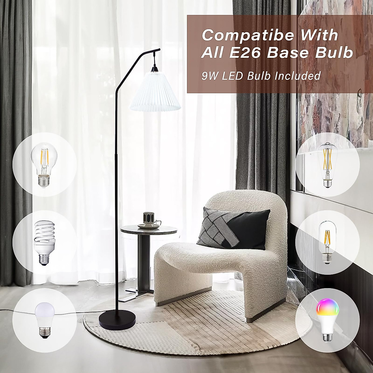 ArtCredit Arc Floor Lamp - 68.23in, Stylish Standing Lamp with Foot Switch, Lamps for Living Room, Bedroom, Office - 9W 2700K LED Bulb Included (Black)
