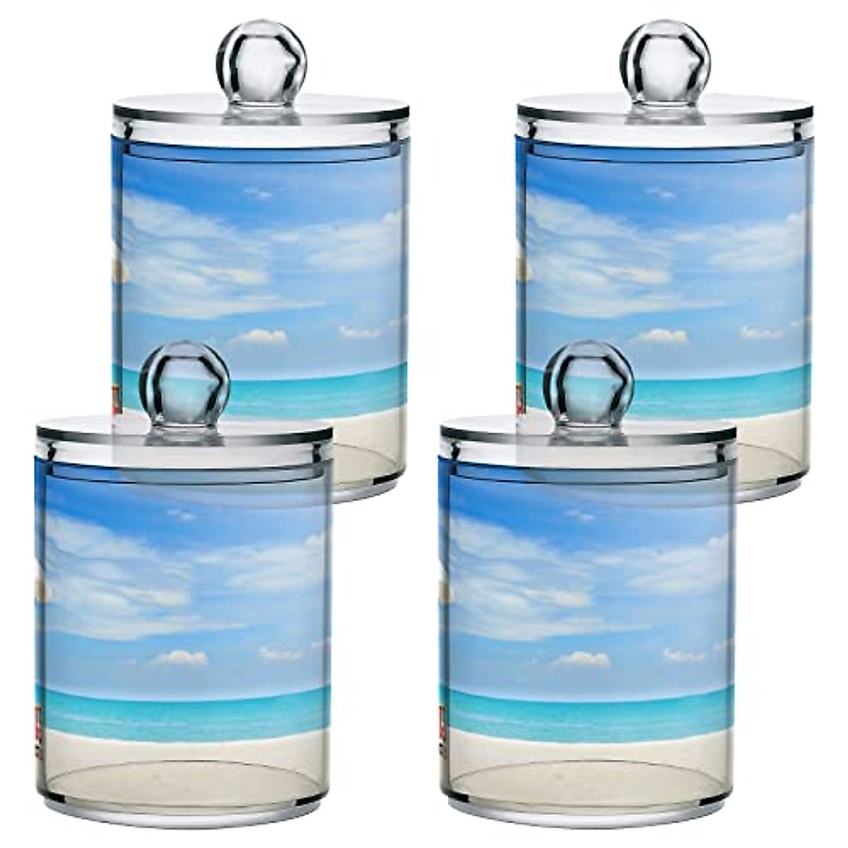Kigai 2 Pack Qtip Dispenser Apothecary Jars Bathroom 14oz - Beautiful Beach Chairs Sun Umbrella Blue Sky Cloudy Qtip Holder Storage Canister Clear Plastic Acrylic Jar for Cotton Ball,Cotton Swab,Q-tip